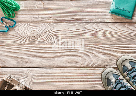 Travel items for hiking over wooden background Stock Photo - Alamy