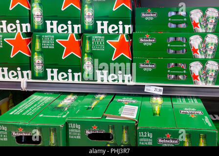 Boxes with bottles of Heineken beer on a shelf in a Spar supermarket ...