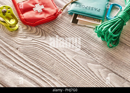 Travel items for hiking over wooden background Stock Photo - Alamy