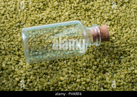 Empty little bottle is placed on green sand Stock Photo - Alamy