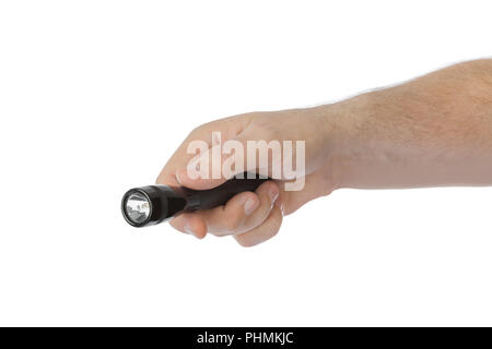 yellow flashlight in hand isolated on white background Stock Photo - Alamy