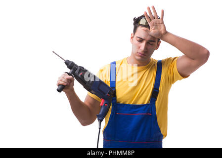 Contractor employee with hand power drill on white background Stock ...
