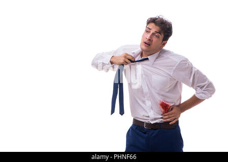 Wounded businessman with blood stains isolated on white backgrou Stock ...