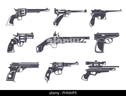 Firearm set. Guns, pistols, revolvers. Flat design. Outline linear ...
