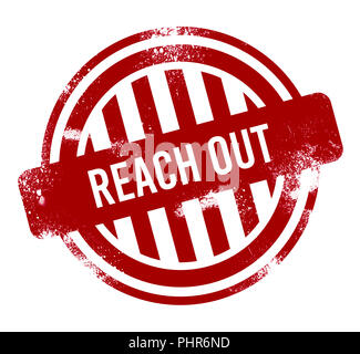Reach out - red grunge button, stamp Stock Photo - Alamy