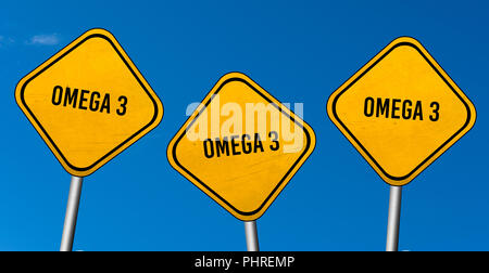 Omega 3 - yellow signs with blue sky Stock Photo - Alamy