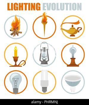 Lighting elements icon set. Evolution of light. Vector illustration ...