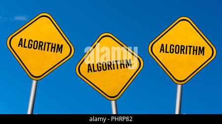 Algorithm, yellow signs with blue sky Stock Photo - Alamy
