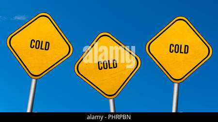 Cold, yellow signs with blue sky Stock Photo - Alamy