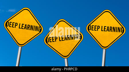 Deep learning, yellow signs with blue sky Stock Photo - Alamy