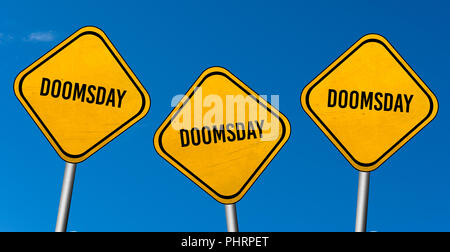 Doomsday, yellow signs with blue sky Stock Photo - Alamy