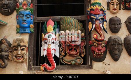 Wooden masks representing hindu gods. Scene in Kathmandu, Nepal Stock ...