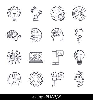 artificial intelligence icon set. robot head, brain ai, robot arm, computer vision, big data, ai ...