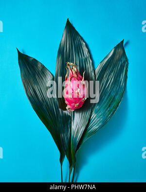 Dragon fruit with green leaves, isolated on white background. Slice of ...
