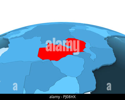 Zambia in red on blue political map with transparent oceans. 3D ...