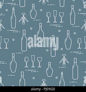 Seamless pattern of wine glasses, corkscrew, bottles of wine. Wine ...