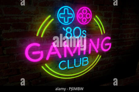 Gaming room '80s retro neon 3d illustration. Electric symbol and ...