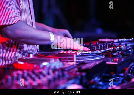 Professional concert dj turntables player device with sound mixer panel ...