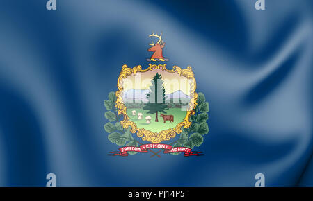 Close-up of Vermont state flag waving in the wind. Blue background with ...
