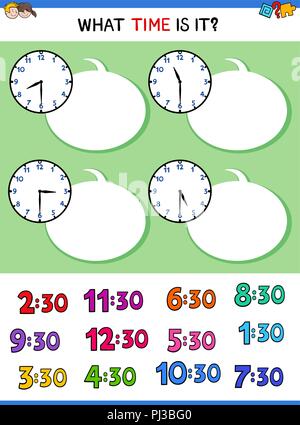 Cartoon Illustrations of Telling Time Educational Activity with Clock ...