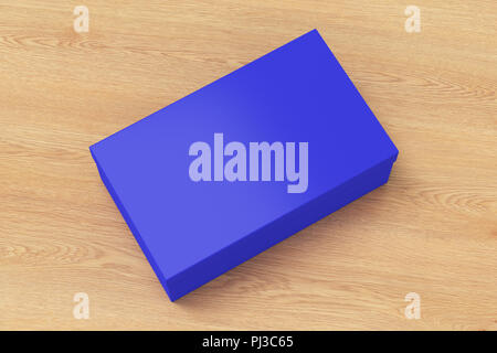 Blue shoe box container on wooden background. Packaging mockup. 3d ...