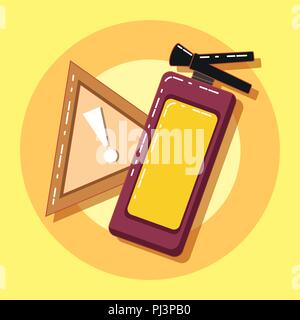 Fire extinguisher and warning sign over red background, colorful design ...