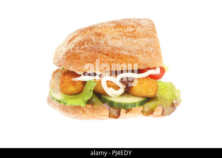 Fish fingers and salad in a roll with tartar sauce on a plate isolated ...