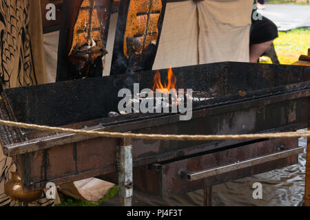 Preparation for smoking salmon over an open fire Stock Photo - Alamy