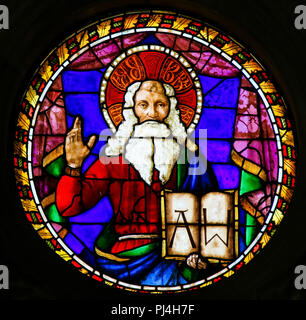 A stained glass window depicting the Alpha Symbol, St Nicholas Church ...