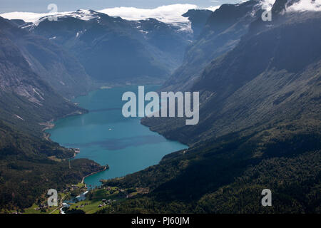 View of Loen and Lake Lovatnet from the Loen Skylift cable car, Hoven mountain, Nordfjord, Stryn ...