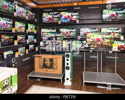 Television shelves retail shop display in Electronic Department store ...