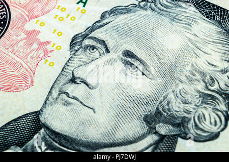 Macro view of Alexander Hamilton on the US ten dollar bill Stock Photo ...