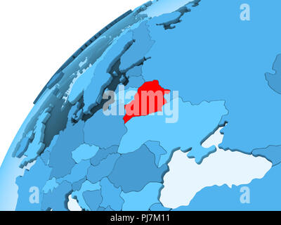 Belarus in red on model of political globe with transparent oceans. 3D ...