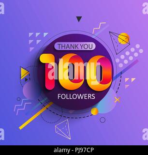Social media banner with thank you for 100 followers. Blue card with 3D ...