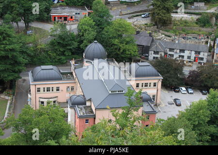 The Lead Mining Museum, Matlock Bath town, river Derwent, Peak District ...