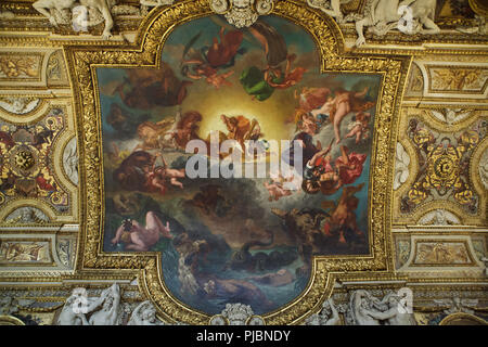 Ornate ceiling in Galerie d'Apollon in the Denon wing of Musee du Stock ...