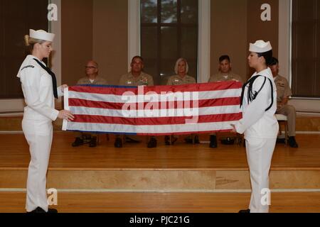 US Marine Corps unfold flag at ceremony,US Open 2014,New York,USA Stock ...