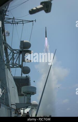 An evolved sea sparrow missile (ESSM) launches from one of USS Gerald R ...