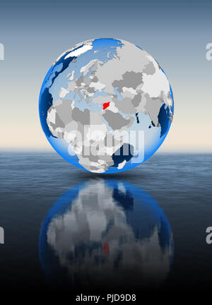 Syria In red on globe floating in water. 3D illustration Stock Photo ...