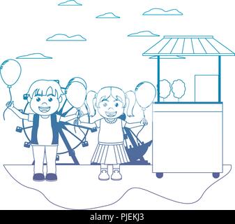 degraded line children with carnival shop and popcorn with cotton candy ...
