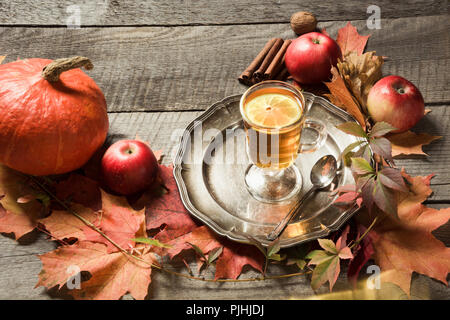 Autumn composition with pumpkins, lemon tea, acorns, and guelder rose ...