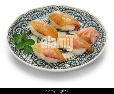 Yellowtail sushi close-up on gray background Stock Photo - Alamy