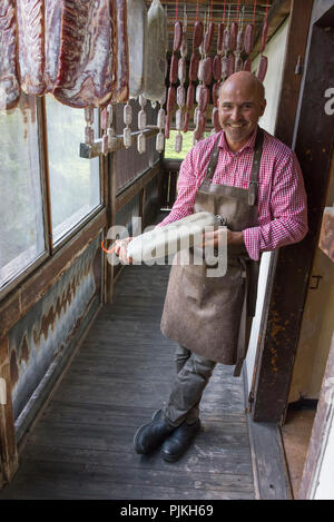 Bündner Fleisch meat drying plant Jörg Brügger in the shop Lädali ...