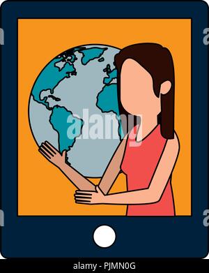 woman teaching in tablet and world planet vector illustration design ...