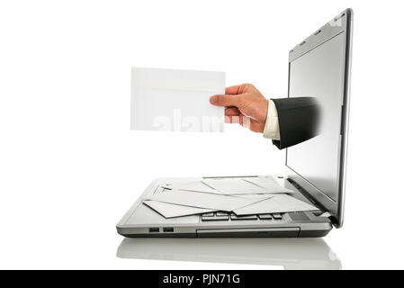 Male hand coming out of laptop monitor showing thumbs up. Isolated over ...