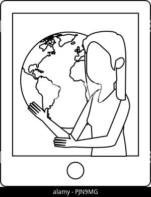 woman teaching in tablet and world planet vector illustration design ...