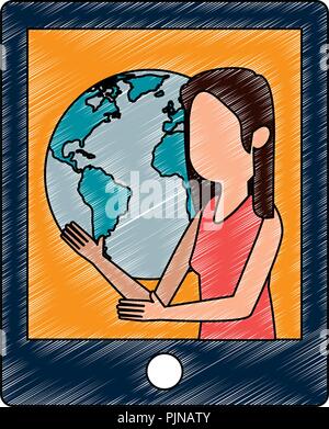 woman teaching in tablet and world planet vector illustration design ...