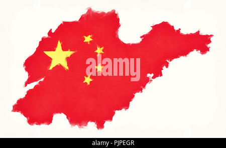 Shandong China map with Chinese national flag illustration Stock Photo ...