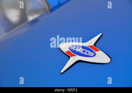 Close up of a Marcos car badge fitted to a fibreglass bodied low slung ...