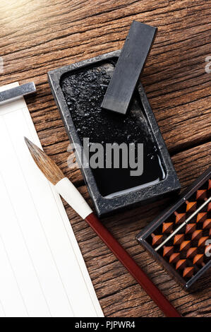 closeup traditional writing brush on the desktop, Japanese writing ...